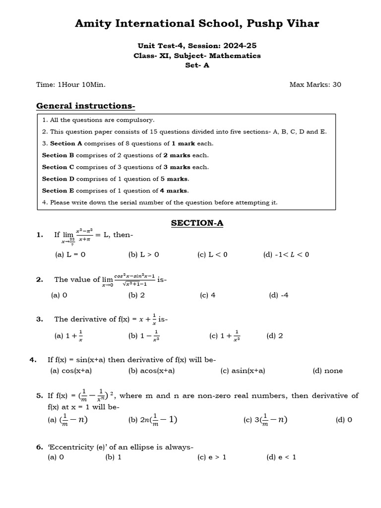 UT-4, SET-A, 11th | PDF | Mathematics
