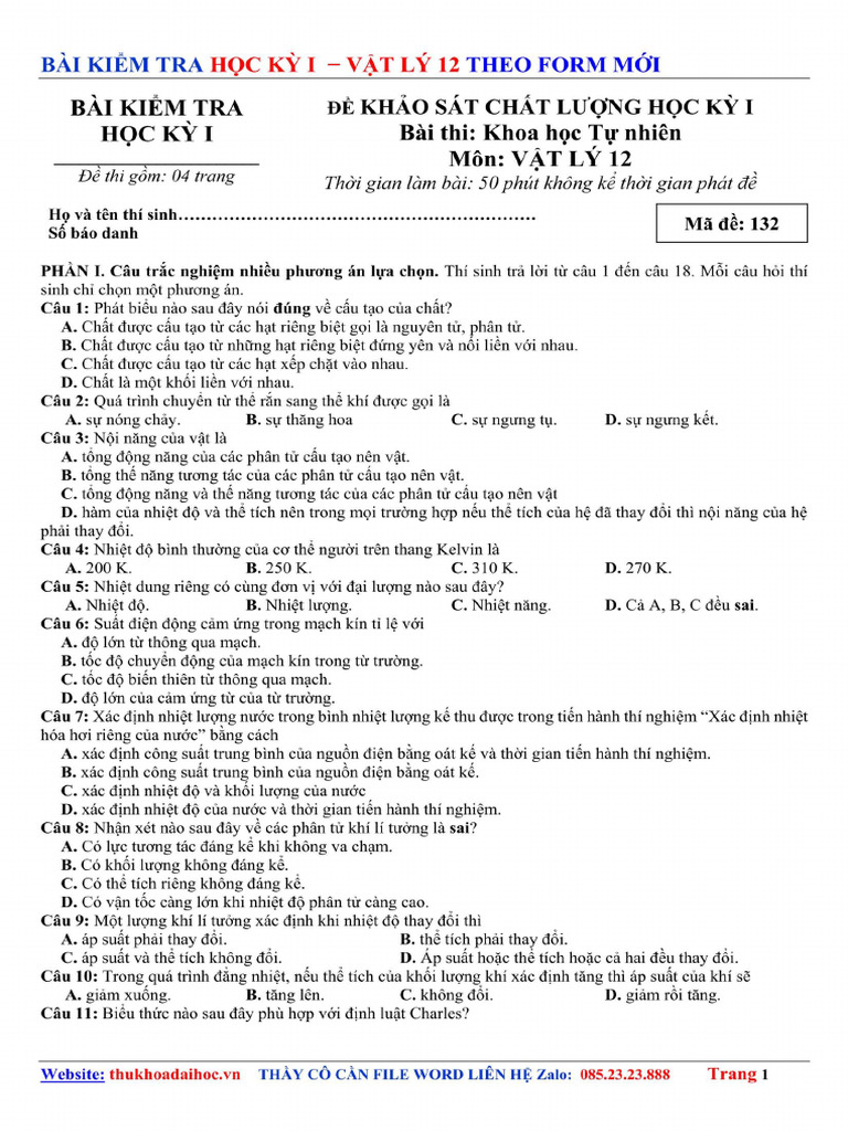 De On Tap Hoc Ky 1 Theo Minh Hoa 2025 de So 06 | PDF