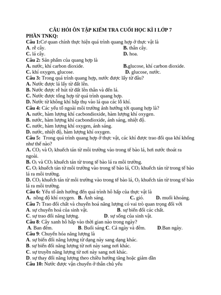 ÔN TẬP KTCK I SINH 7 | PDF