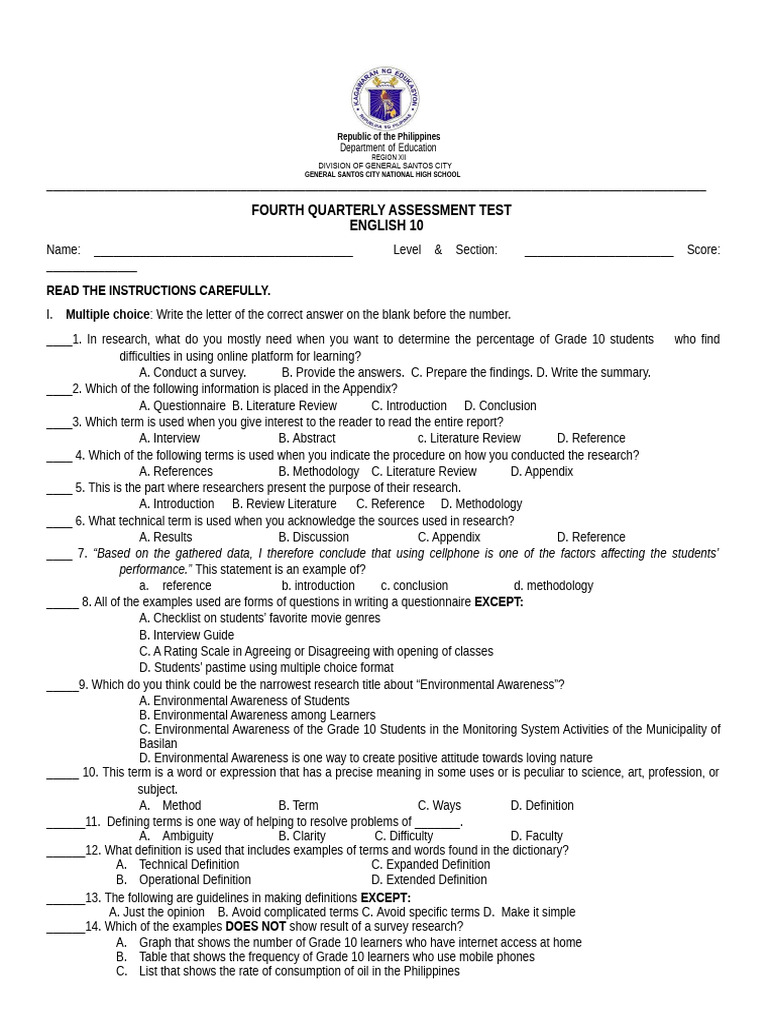 ENGLISH 10 - 4th QUARTER TEST | PDF | Word | Adjective