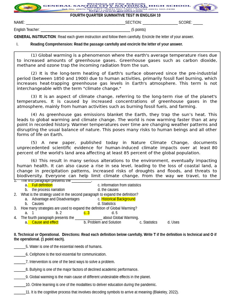 English 10 Fourth Quarter Test Guide | PDF | Greenhouse Gas ...