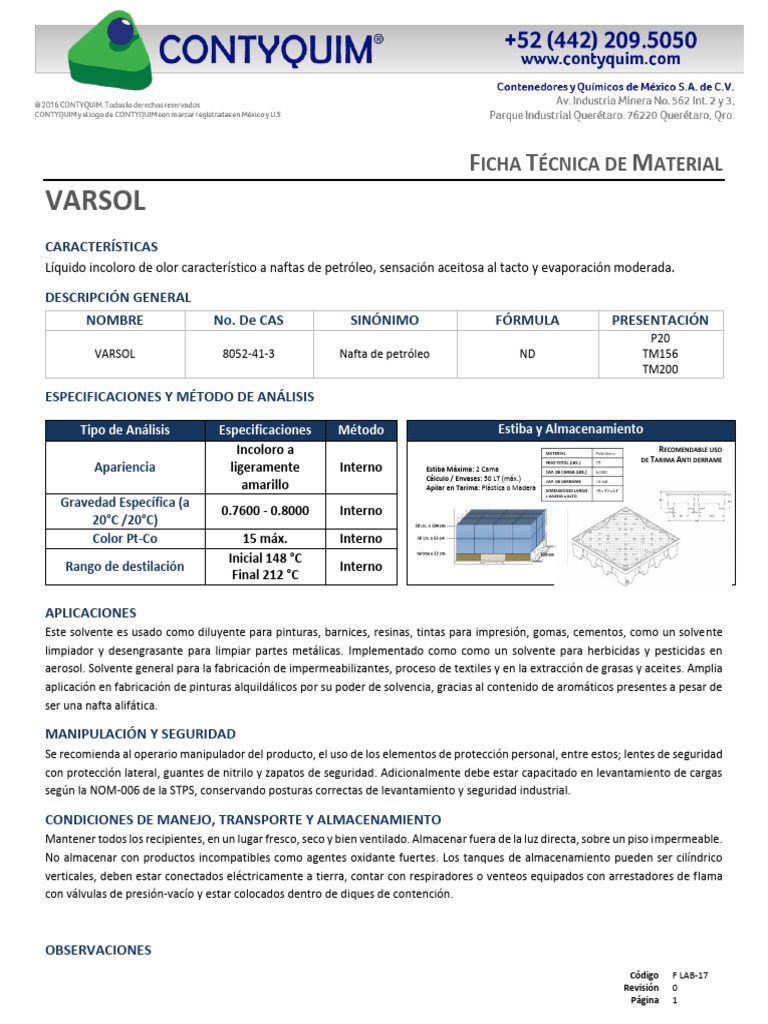 Ficha Técnica de Varsol: Usos y Seguridad | PDF | Petróleo | Solvente