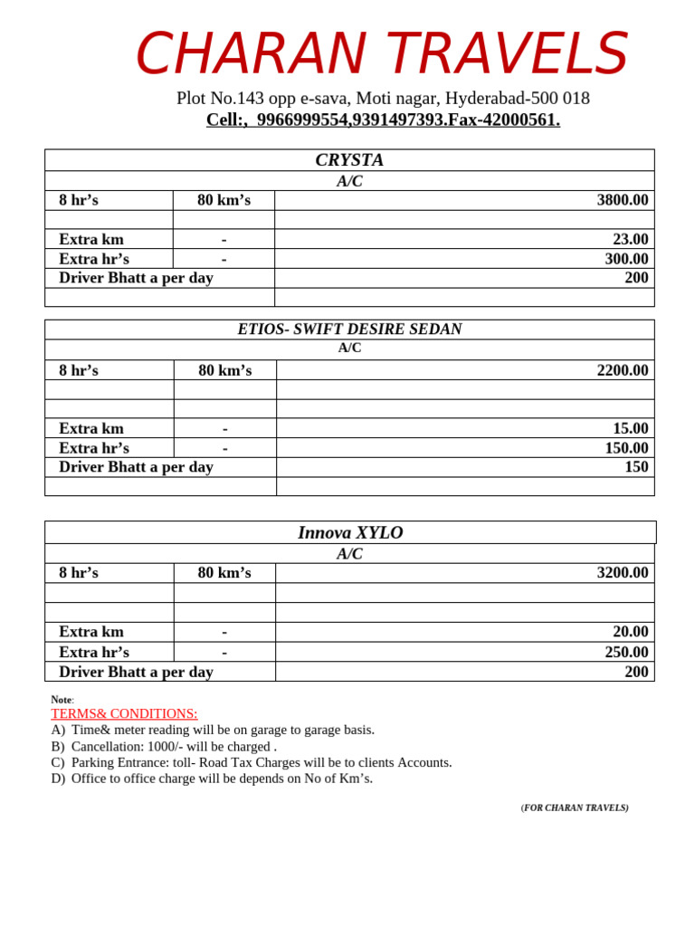 Charan Travels Qutation List (2) | PDF