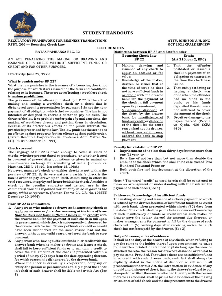 CPALE Review: Bouncing Check Law | PDF | Criminal Law | Justice