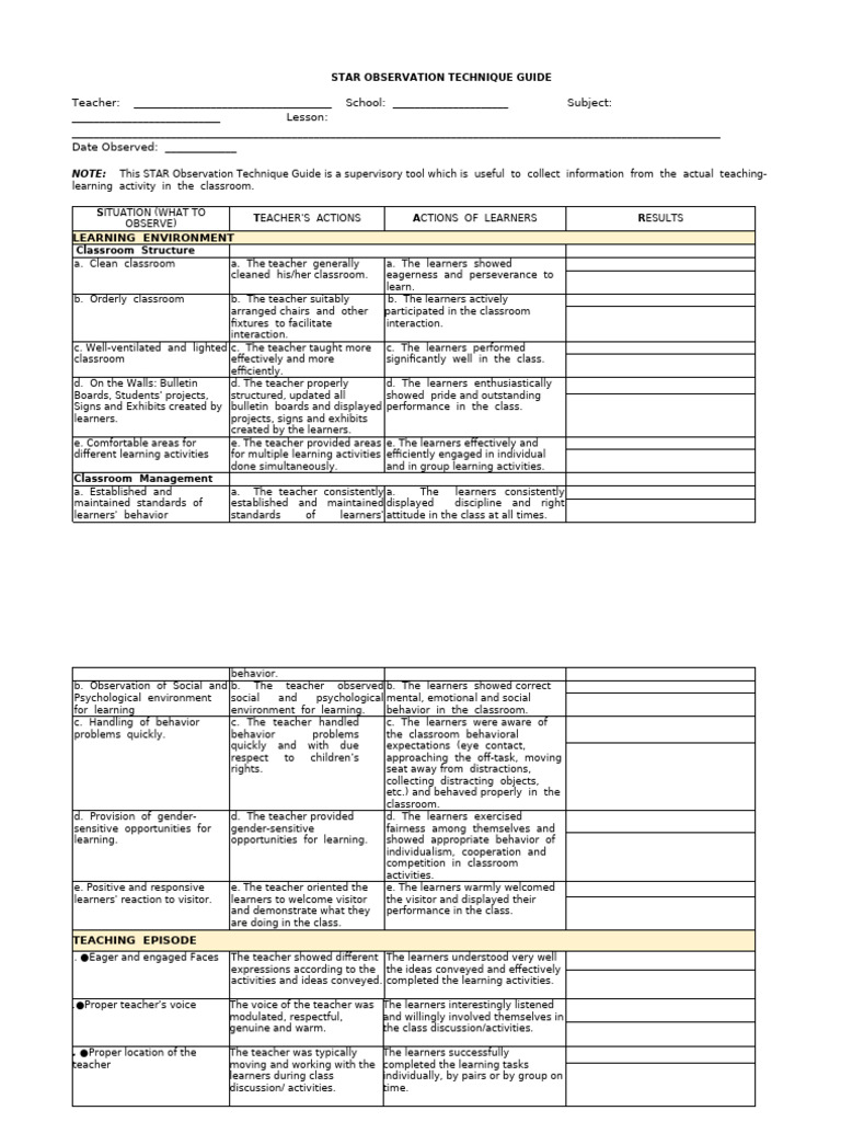 STAR Observation Technique 1 | PDF | Learning | Teachers