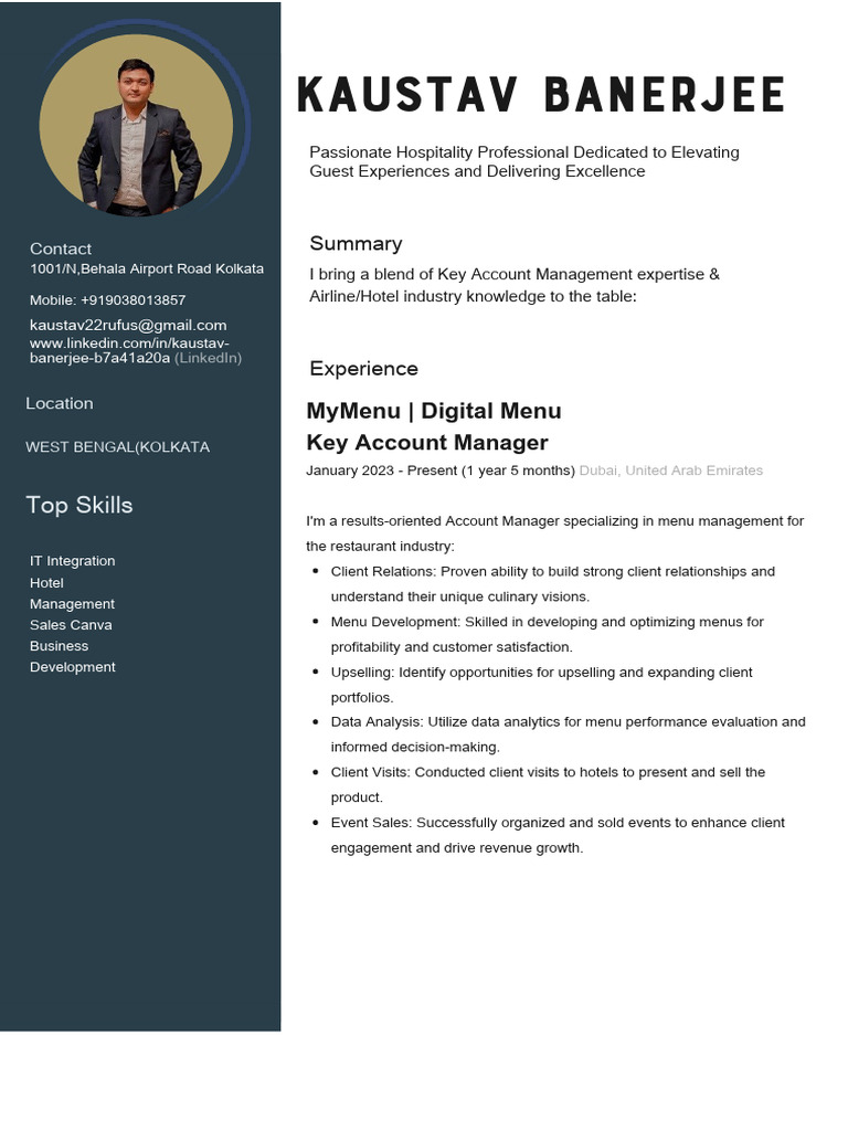 Kaustav Banerjee: Hospitality & Sales Expert | PDF | Menu | Hotel