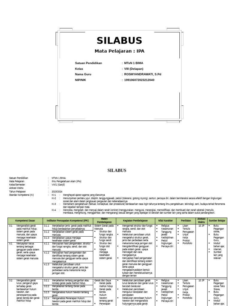 Silabus IPA Kelas VIII MTsN Bima | PDF