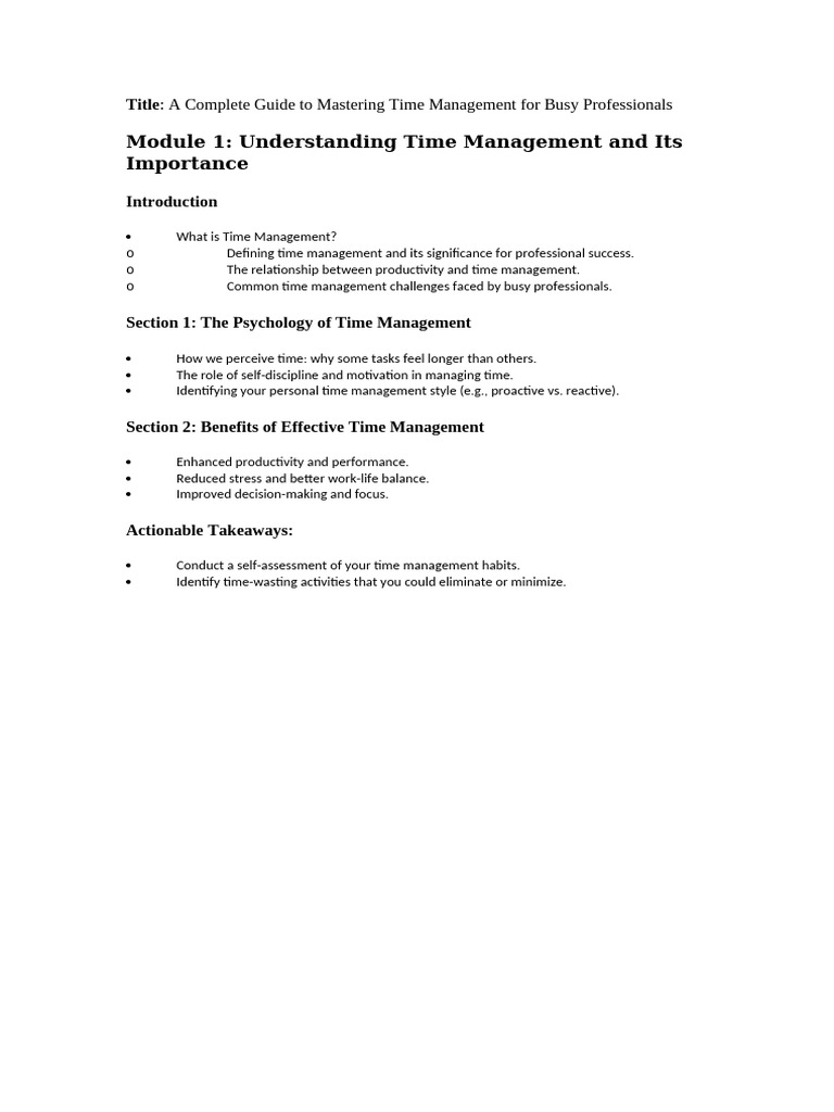 Module 1: Understanding Time Management and Its Importance: Title | PDF