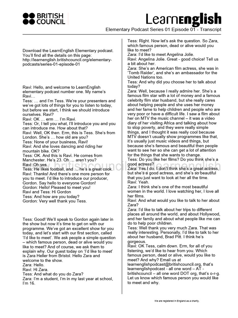 Learnenglish Podcasts Elementary 01 01 Transcript 0 | PDF
