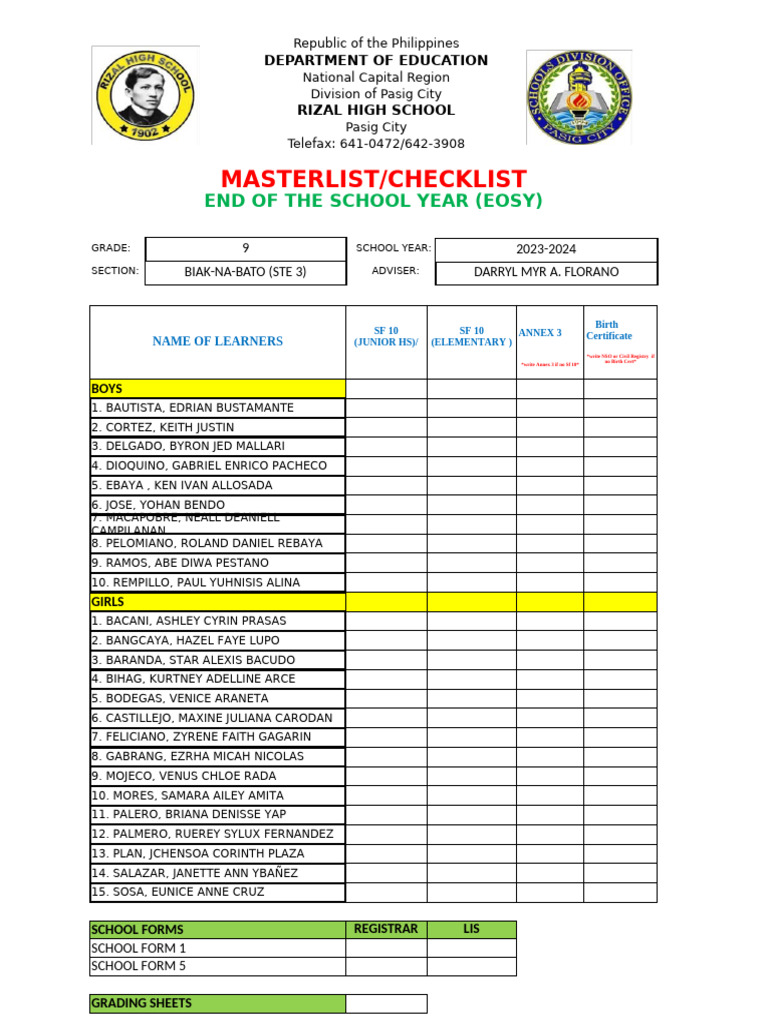 Eosy Registrars Checklist | PDF