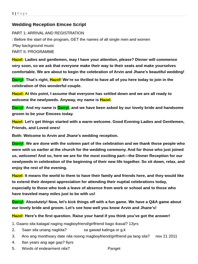 Jolly Emcee Script for Arvin and Jane's Wedding | PDF | Wedding ...