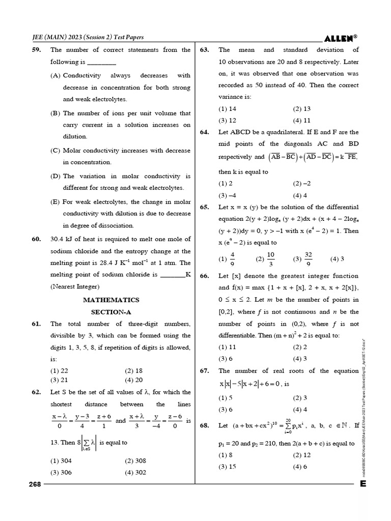 JEE Main-2023 Test Paper Booklet Eng Jqedtl | PDF | Euclidean Geometry