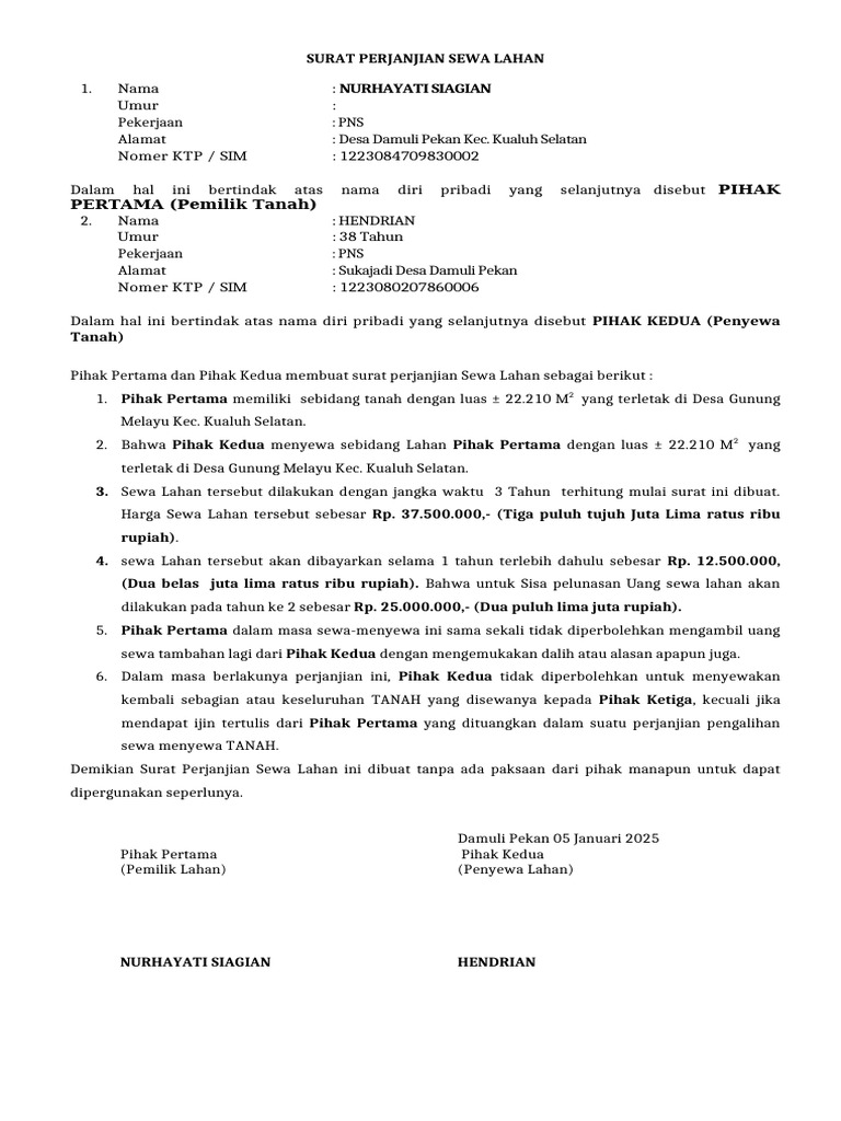 Surat Perjanjian Sewa Lahan | PDF