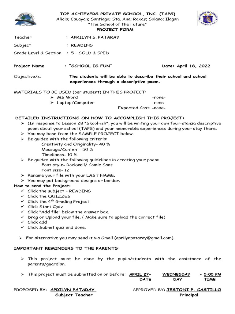 4th Grading Project - Reading 5 | PDF