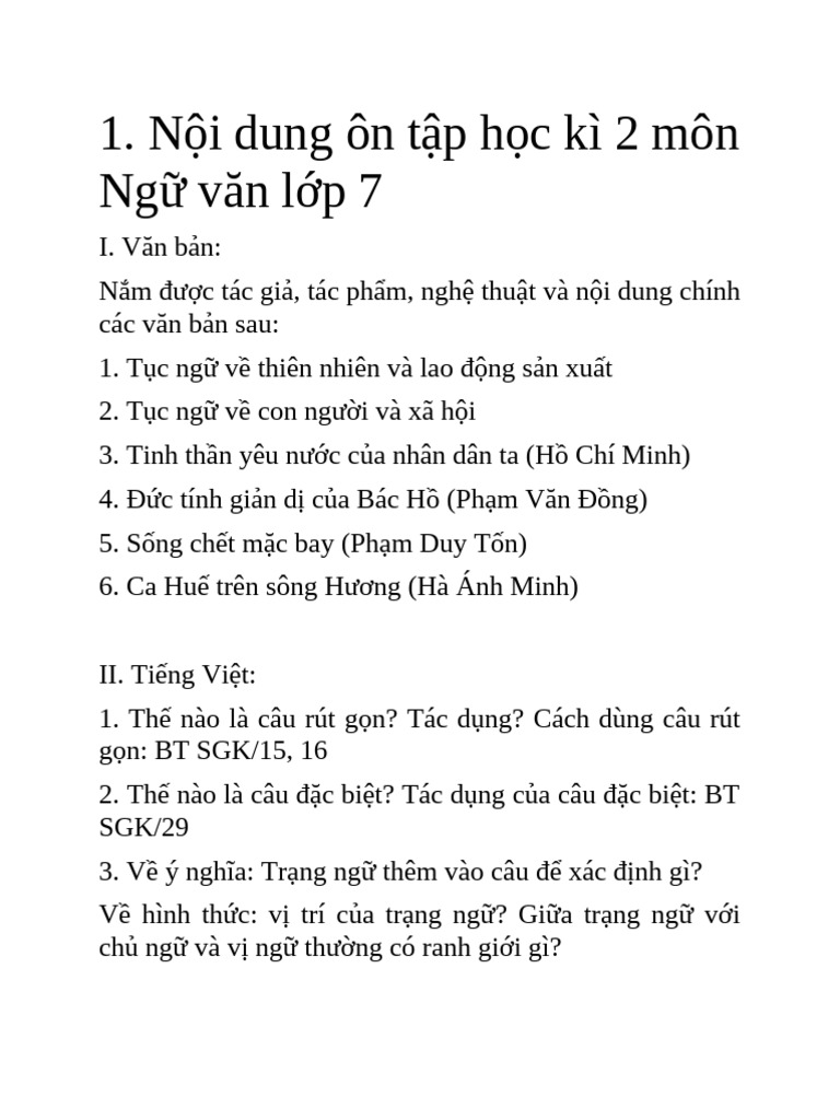 ĐỀ CƯƠNG NGỮ VĂN 7 HK2 | PDF