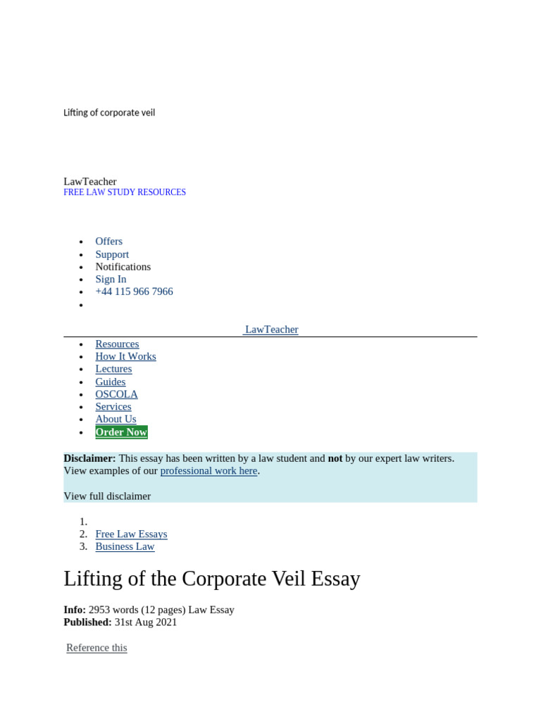Lifting of Corporate Veil | PDF | Piercing The Corporate Veil ...
