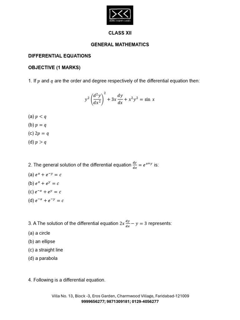 XII Gen - Revision Assignment 2 - Differential | PDF | Equations | Mathematical Objects