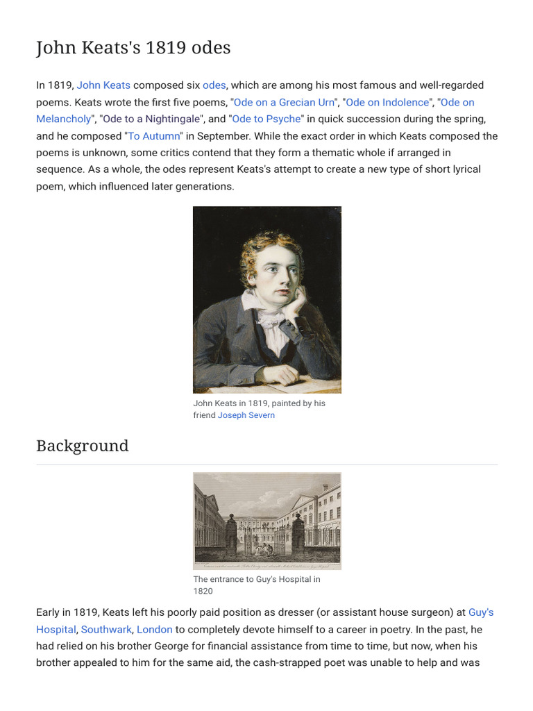John Keats's 1819 Odes - Wikipedia | PDF | Poetry | Poems