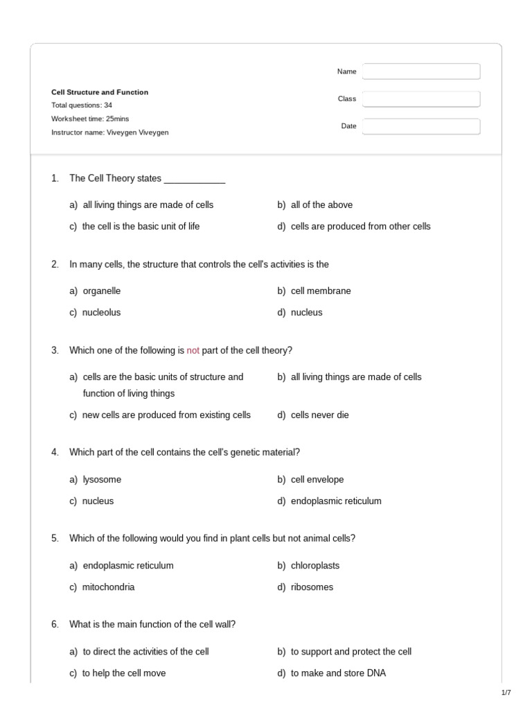 Cell Structure and Function Worksheet | PDF | Cell (Biology) | Cytoplasm