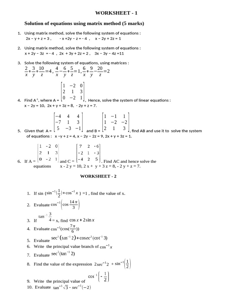 Matrix Equation Solutions Worksheet | PDF | Matrix (Mathematics) | Determinant