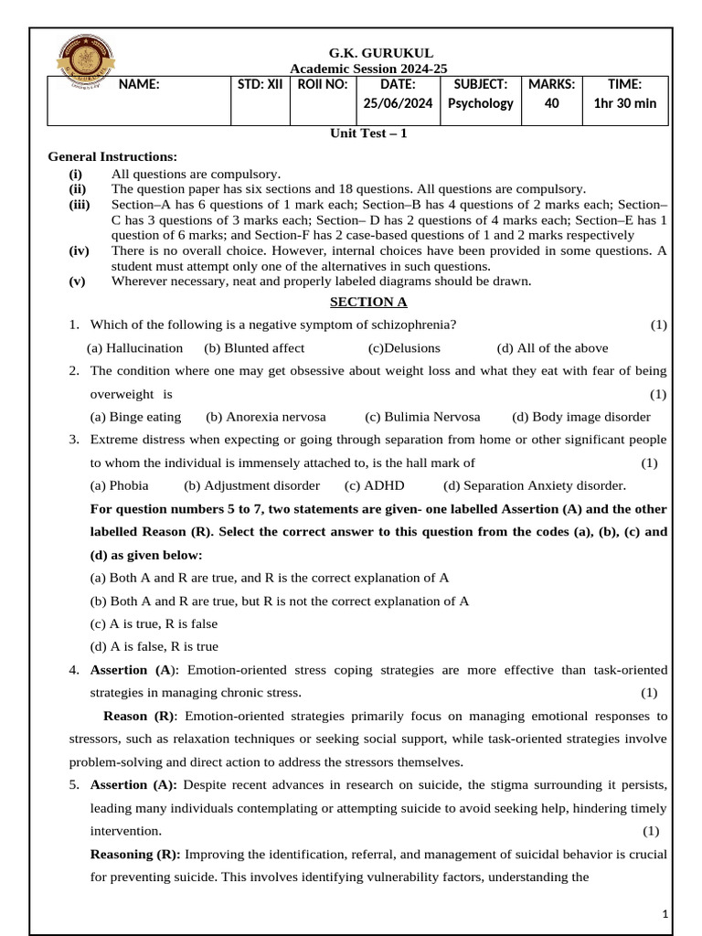 Psychology Unit Test Paper 2024-25 | PDF | Stress (Biology) | Anxiety
