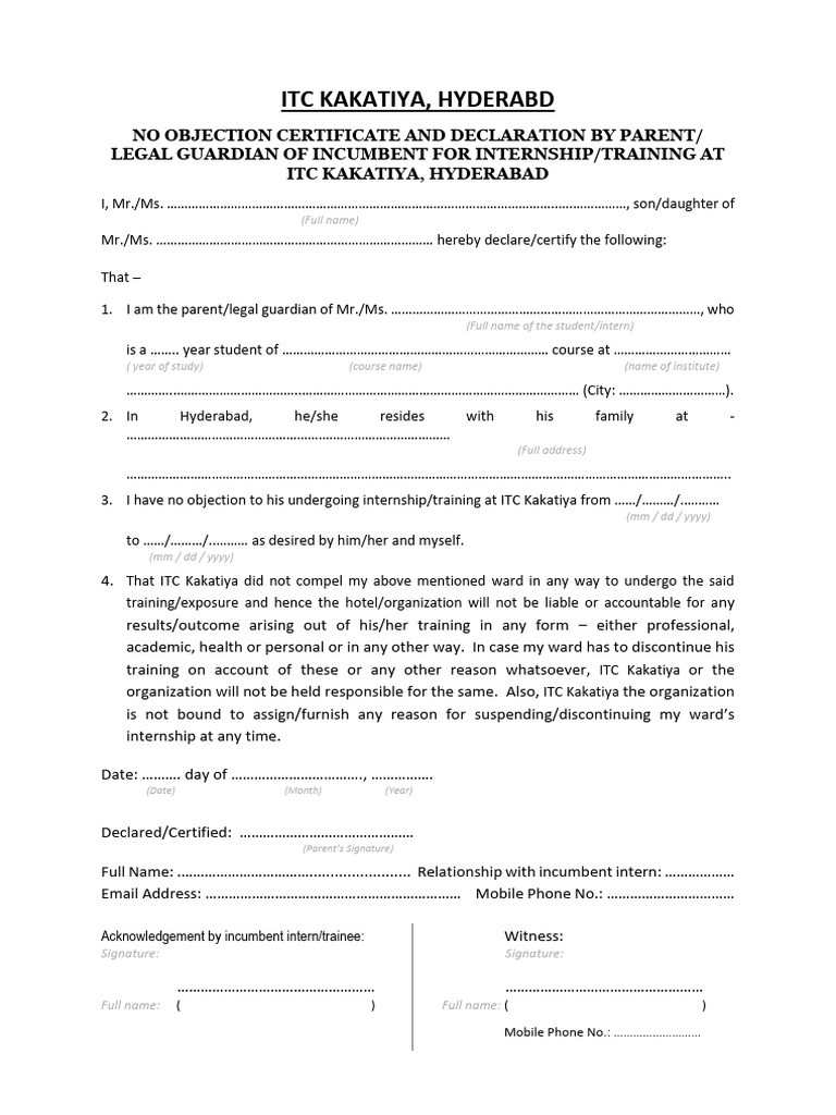 No Objection and Declaration by Parent, Guardian | PDF