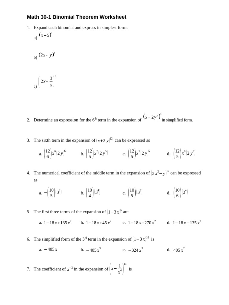 Binomial Theorem Worksheet | PDF | Mathematics | Algebra