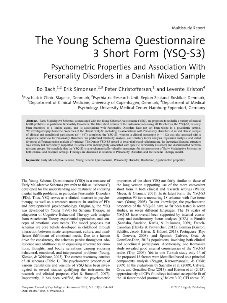 Bach Et Al 2015 The Young Schema Questionnaire 3 Short Form PDF | PDF | Mental Disorder ...
