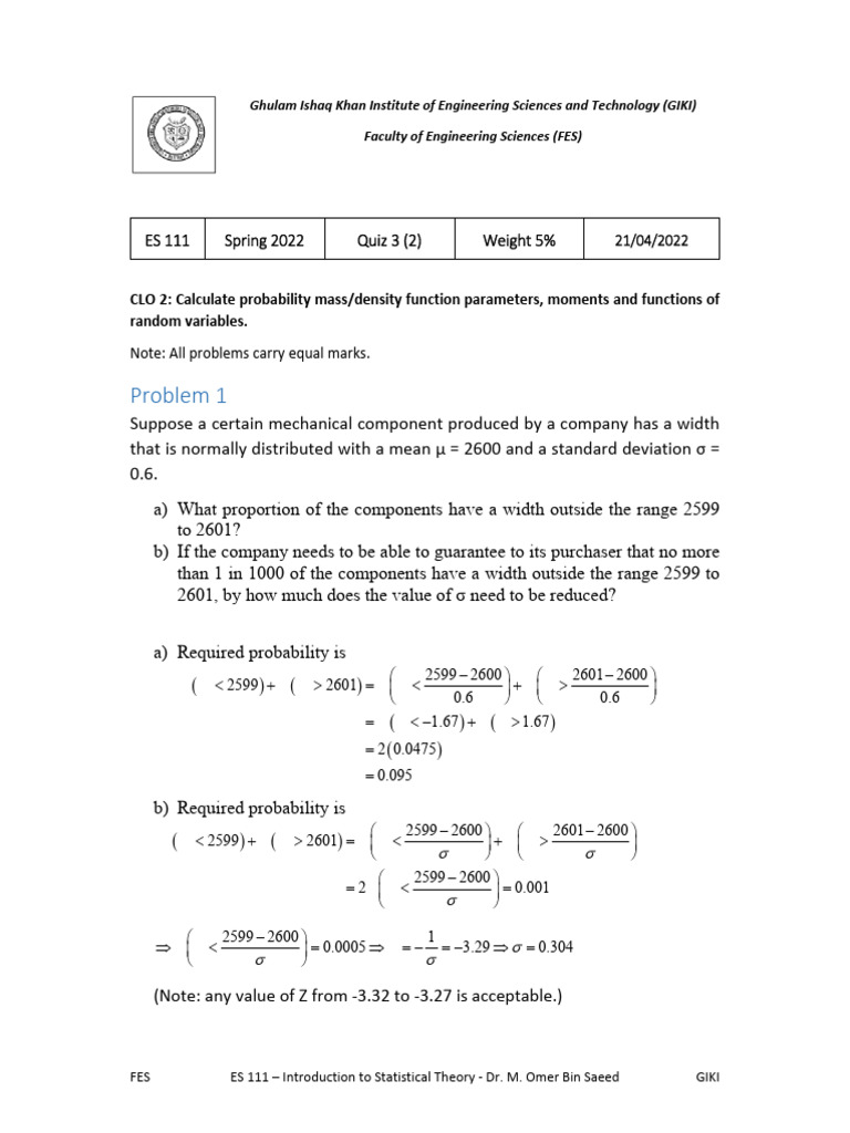 Quiz3 p2 Es111 Mobs Solution | PDF | Normal Distribution | Applied Mathematics