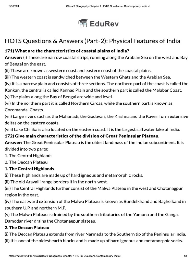 HOTS ques part 2 physical features of india | PDF