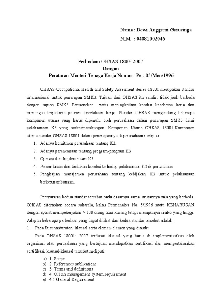 Perbedaan OHSAS 1800 | PDF