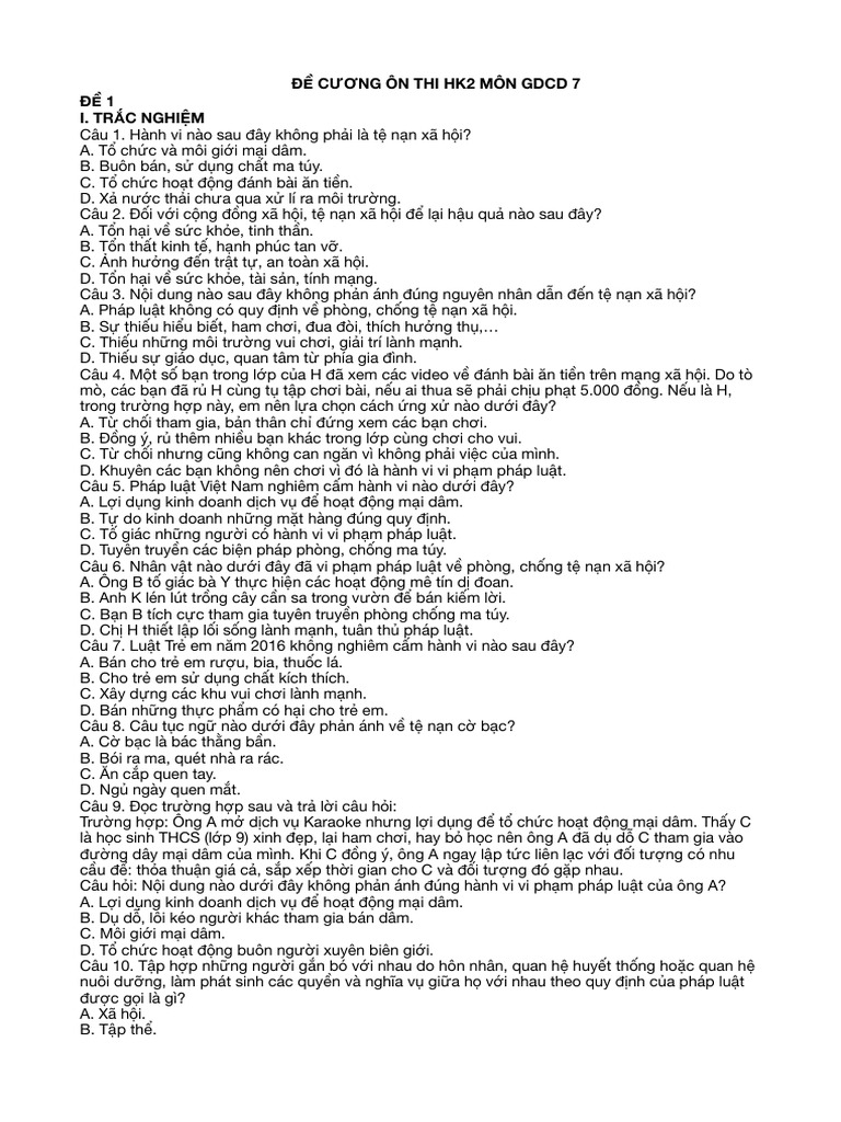 Đề ôn thi gdcd 7 | PDF