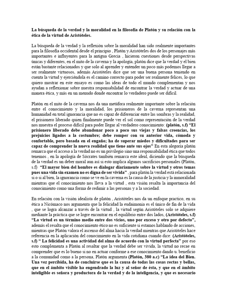La Búsqueda de La Verdad y La Moralidad en La Filosofía de Platón y Su Relación Con La Ética de ...
