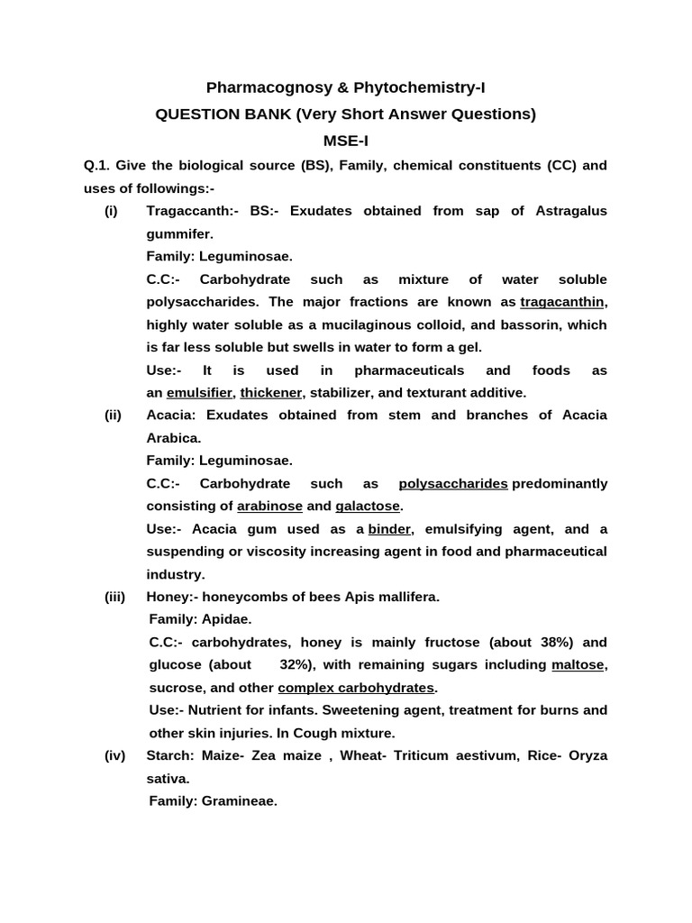 BP409P Pharmacognosy & Phytochem-I Question Bank | PDF | Agar | Starch
