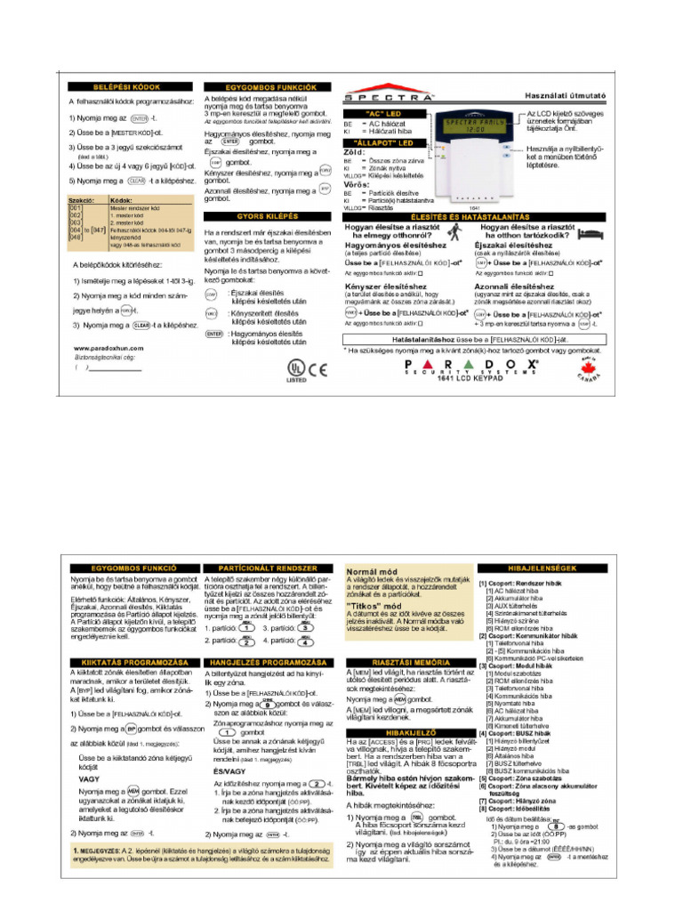 Paradox 1641 User Manual HUN | PDF