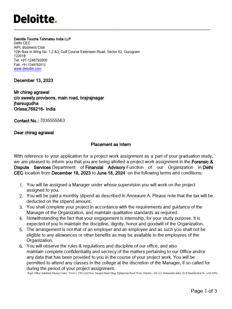 Internship Deloitte Offer Letter | PDF | Internship | Job Hunting