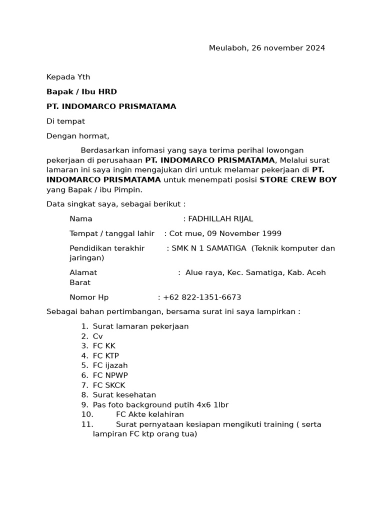 Surat Lamaran Fadhillah Rijal IDM | PDF