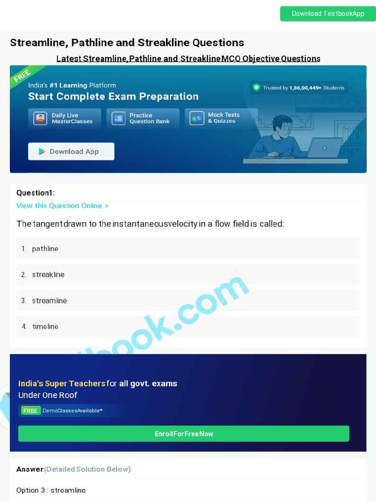 MCQ On Streamline Pathline and Streakline 5eea6a0d39140f30f369e190 | PDF