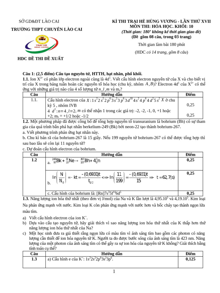 HDC ĐỀ THI ĐỀ XUẤT HOÁ 10-HÙNG VƯƠNG 2023- CHUYÊN LÀO CAI | PDF