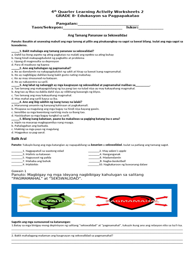 For ESP 8 4th Quarter Learning Worksheet 2 | PDF