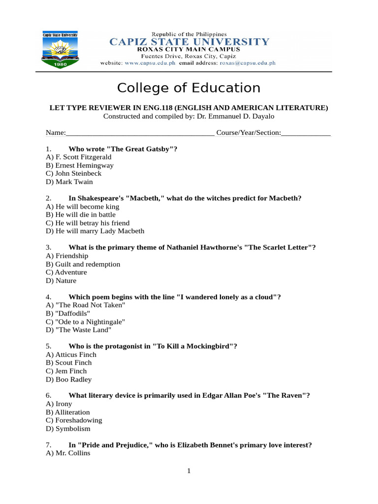 LET Type Reviewer for ENG.118 | PDF | Wuthering Heights | Pride And ...