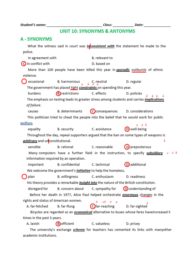 Unit 7. Synonyms and Antonyms (Key) | PDF