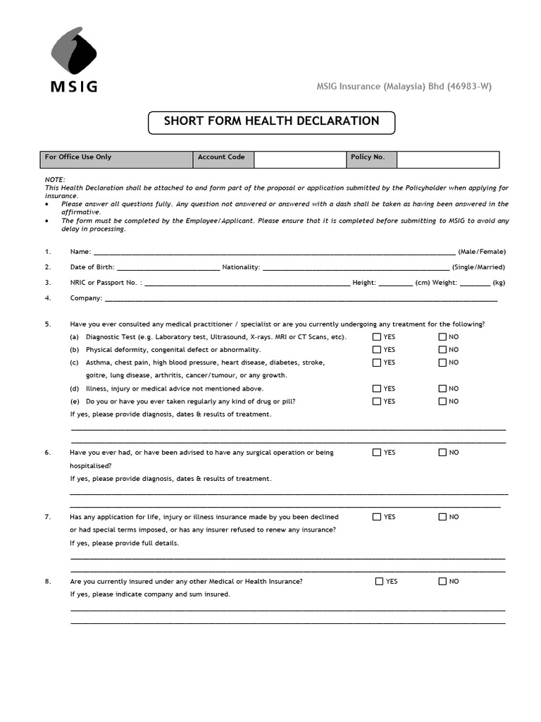 Health Declaration Form - MSIG | PDF | Insurance | Medical Diagnosis