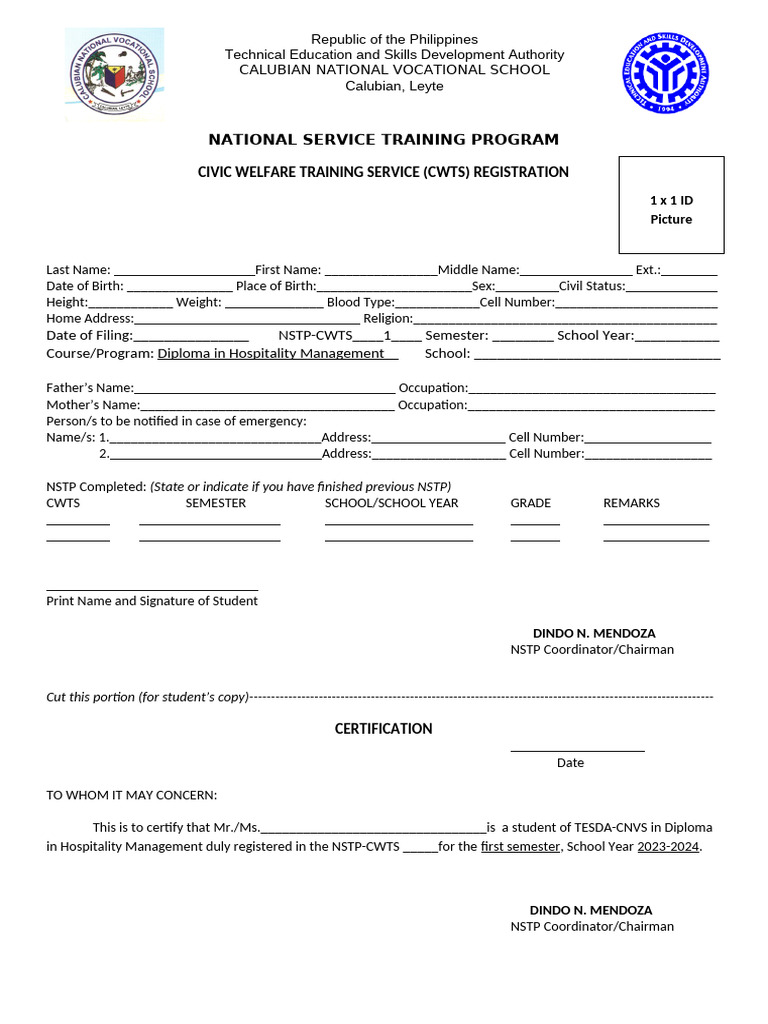 NSTP-CWTS Registration Form | PDF | Career And Technical Education ...