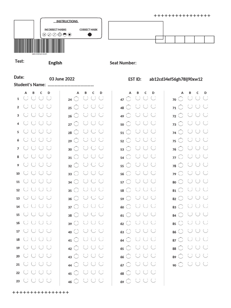 English Test Answer Sheet Template | PDF