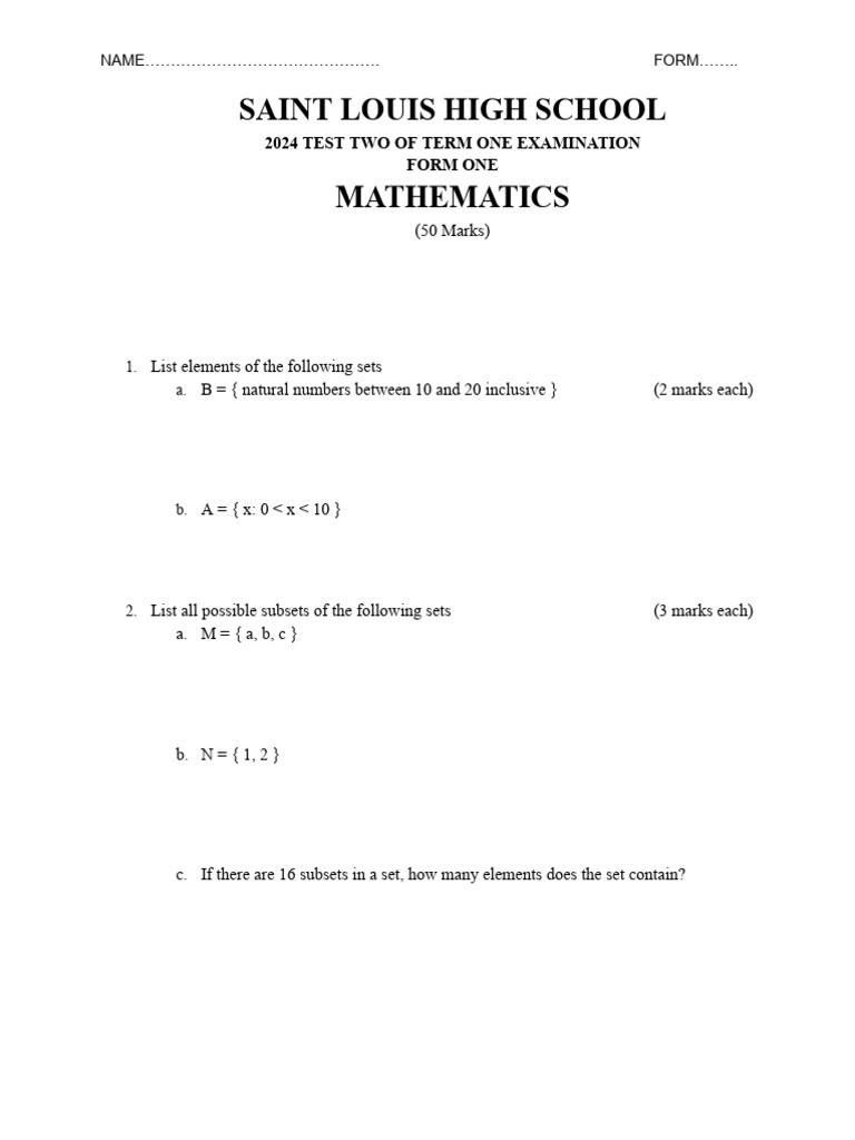 Mathematics Form 1 Test 1 | PDF