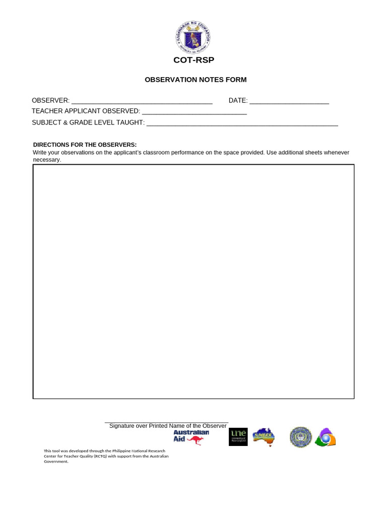 Annex K - COT RSP Observation Notes Form | PDF