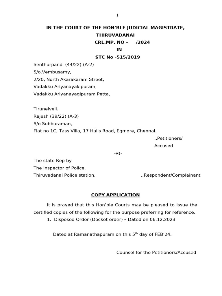 Senthur Pandi Copy Application | PDF | Justice | Crime & Violence