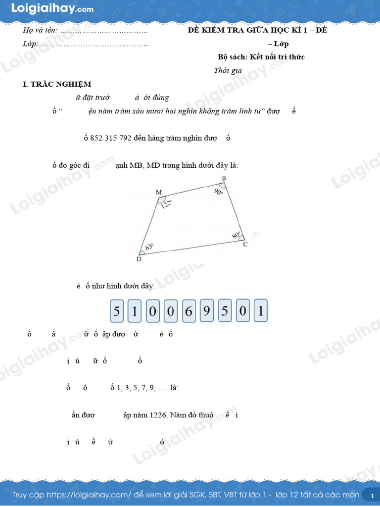 De Kiem Tra Giua Hoc Ki 1 Toan 4 Ket Noi Tri Thuc de So 1 1704679203 | PDF