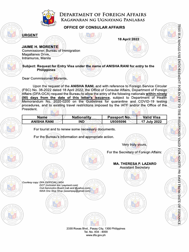 Entry Visa Request for Anisha Rani | PDF